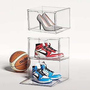 Shoe Storage Boxes Clear Stackable Acrylic Shoe Organizer for Closet, Sneaker Containers Bins Holders Shoe Containers with Lids, Sneaker Hangbag Display Case, Easy Assembly, Set of 3, Fit for Size 14
