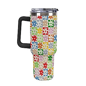 KPLBNAS Colorful Bold Aesthetic Checkered Flower Pattern 40 Oz Tumbler with Handle And Straw Lid, Insulated Reusable Stainless Steel Travel Mug Travel Mug for Hot And Cold Stainless Steel Vacuum Mug