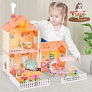 RASSR Dollhouse for 2-3 Year Old Girls, Doll House with Lights, Steam Chimney and Garden Building Toys, DIY Pretend Dollhouse Kit with Dollhouse Furniture Accessories and Doll, Doll House 4-5 Year Old