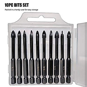 Hymnorq 1/4 Inch Glass and Tile Drill Bit 10pc Set, YG6X Tungsten Carbide Tipped Spear Cutter, 1/4 Hex Shank, Painted Surface, Suitable for Drilling Ceramic Mirror Wood Porcelain Brick Wall Bottle