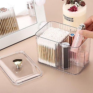 Tbestmax Qtip Holder Dispenser 3-Section Clear Bathroom Organizer Jar 3 Grids Cotton Swab/Pad/Ball Holder Container Cosmetics Storage for Vanity