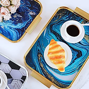 Dalimfun Glass Decorative Tray, Turqoise Marbling Serving Tray with Handles, Rectangular Coffee Table Tray, Decor Tray for Ottoman, Bar, Vanty, Makeup Perfume Organizer, 15.6 X 10 Inch