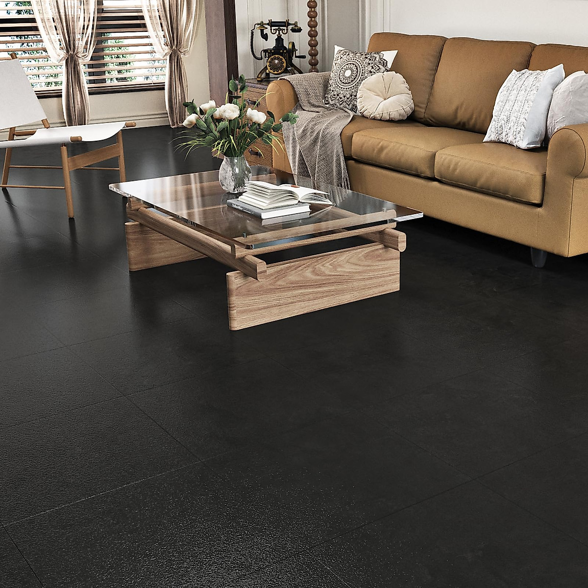 WESTICK Black Peel and Stick Floor Tile Stickers 20 Pack Peel and Stick Bathroom Floor Tiles Waterproof Marble Stick on Tile Floor Kitchen Vinyl Flooring for Bedroom RV Camper Living Room 12" x 12"