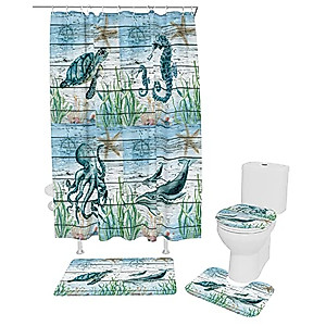 4 Pcs Shower Curtain Set with 12 Hooks Sea Turtle Octopus Whale Wood Grain Bathroom Sets with Non-Slip Bath Mat Toilet Lid Cover Waterproof Durable Shower Curtain and Rugs