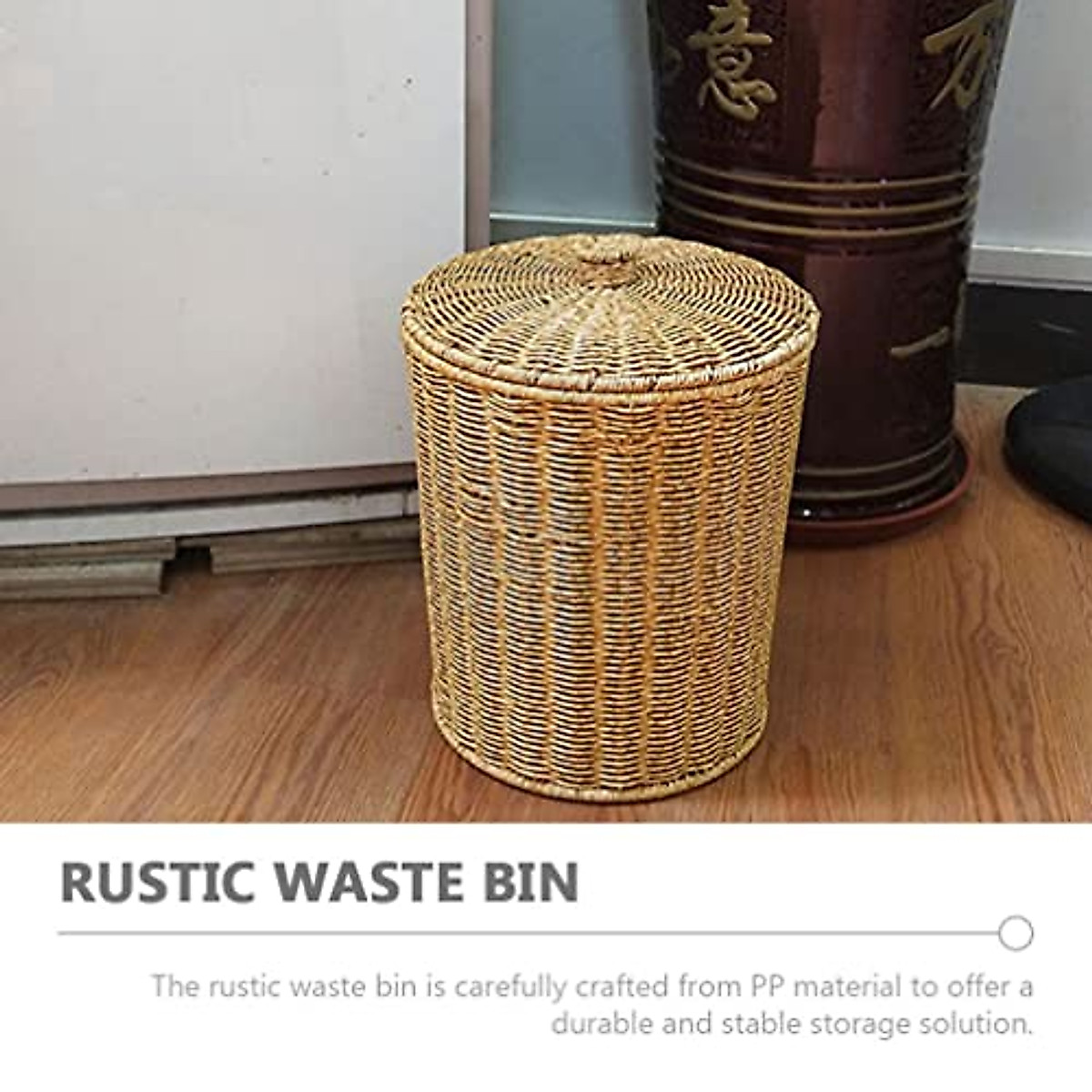 Zerodeko Small Trash Can, Imitation Rattan Woven Waste Bin with Lid, Waste Basket for Bedroom, Office, Kitchen, Boho Round Garbage Can Plastic Sundries Holder Laundry Basket for Bathroom