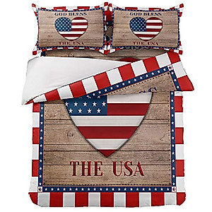 Chucoco Independence Day Twin Duvet Covers Set American Flag Love Wood Plank 4 Pcs Bedding Sets Brushed Microfiber Quilt Covers Lightweight Cozy Flat Sheet with 2 Pillowcases Red White Plaid