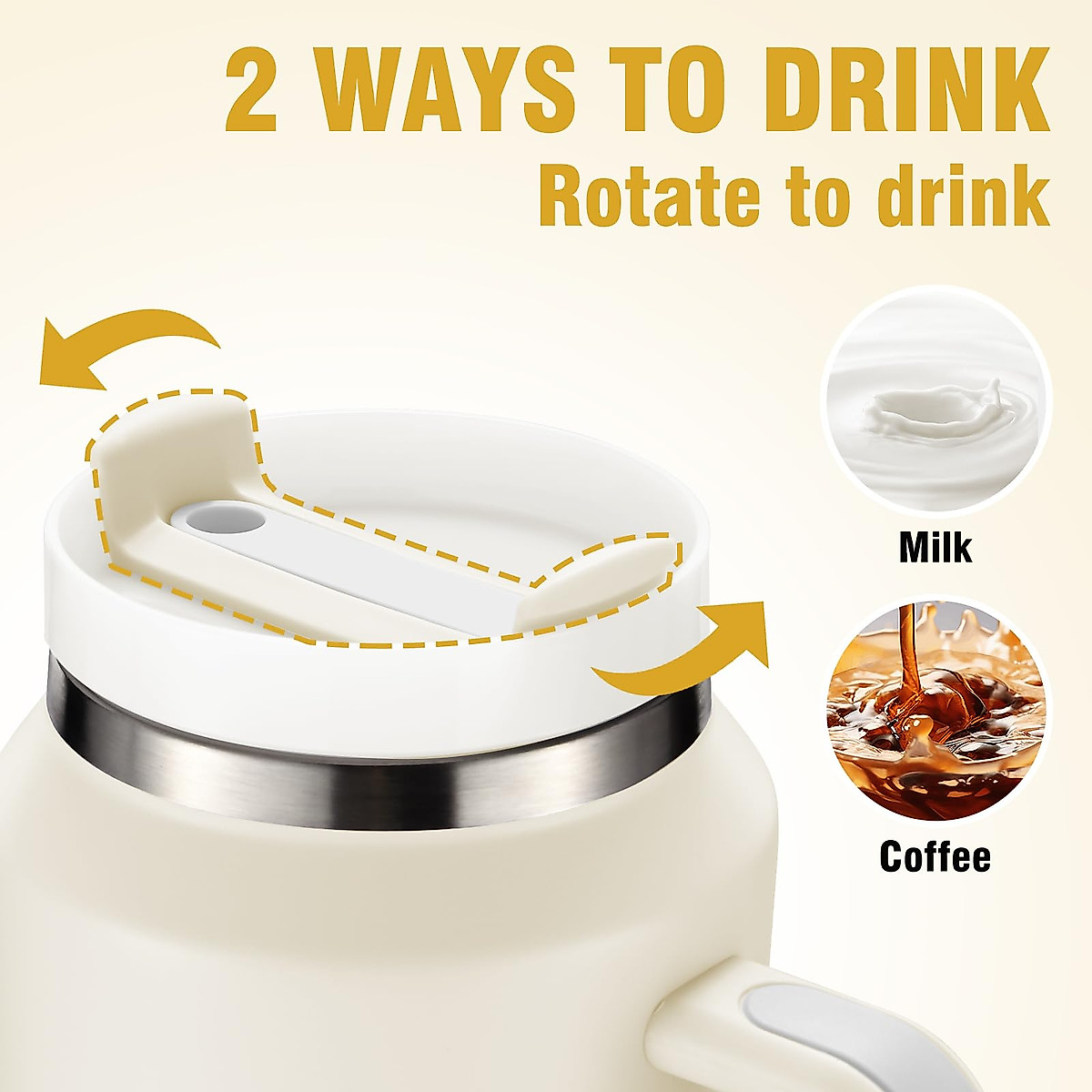 PlanetFlame 64oz Insulated Tumbler with Handle, Stainless Steel Double Wall Vacuumn Water Bottle, Lid and Straw for School, Gym, Hiking & Camping, Cream