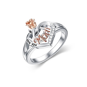POPKIMI Mom Ring Gifts for Mom Best Gifts for Mom 925 Sterling Silver Jewelry I Love You Mom Ring Rose Flower Love Heart Ring for Women (9)