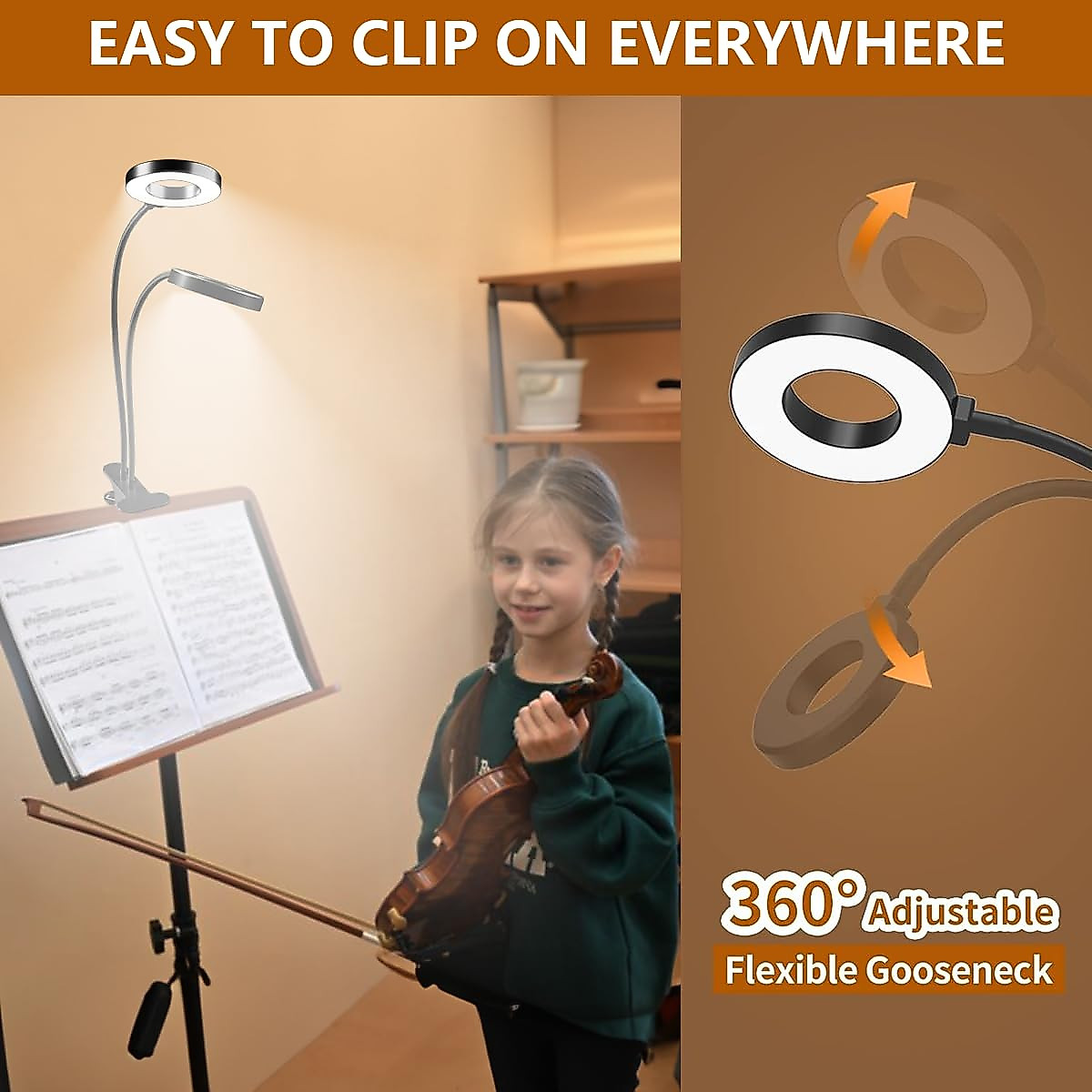 AWLYLNLL LED Desk Lamp with USB Adapter, Eye-Caring Gooseneck Ring Light, 3 Modes 10 Brightness Adjustable 10W Desk Light for Makeup Reading Bed Headboard (Metal)