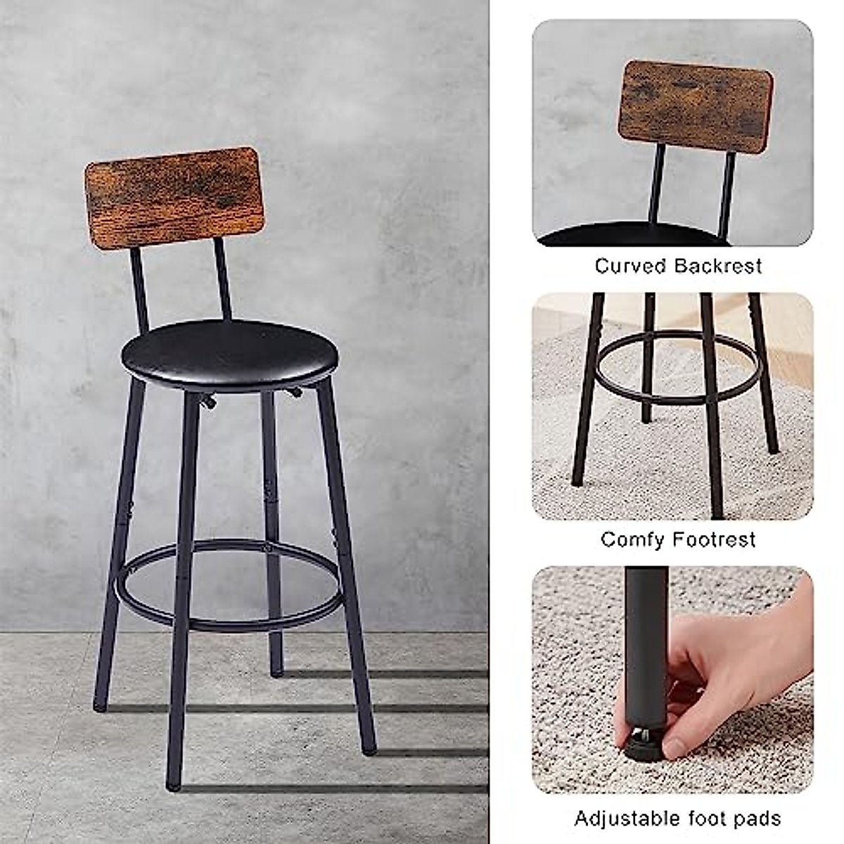 Tensun Bistro Table and Chairs Set of 2, Pub High Top Round Table and Chairs Set with Upholstered Cushion, Storage Shelf and Backrest, 3-Piece Bar Stool Set for Breakfast Nook, Rustic Brown