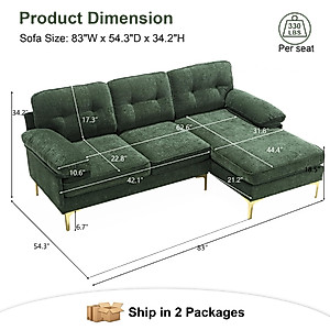 CALABASH 83" L Shaped Sectional Sofa, Chenille 3-Seater Sofa with Reversible Chaise, Modern Soft Cushion Fluffy Armrest Couch for Apartment Small Space Living Room (Green)