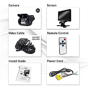 Camecho Vehicle Backup Camera 7 Inch 4 Split Monitor+ 4 Cameras with Front View, Rear View 18 IR Night Vision Waterproof Auto Camera with 2x33 ft and 2x65ft Cables for Trucks, RV, Trailer, Bus