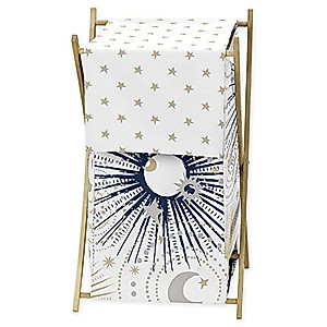 Sweet Jojo Designs Star and Moon Baby Kid Clothes Laundry Hamper - Navy Blue, Gold, and Grey Celestial Sky Stars Gender Neutral Unisex