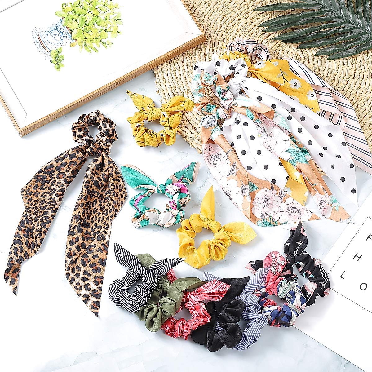 15 Pcs Chiffon Floral Ponytail Holders with Satin Bows and Scrunchies for Women (Color A)