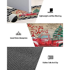 Christmas Bath Mat for Tub,Non Slip Bathroom Floor Runner Rug Quick Dry & Absorbent Diatomaceous Earth Shower Sink Bedroom Kitchen Washable Doormat,Red Truck Snow Tree Black Checkered 16x24+16x47