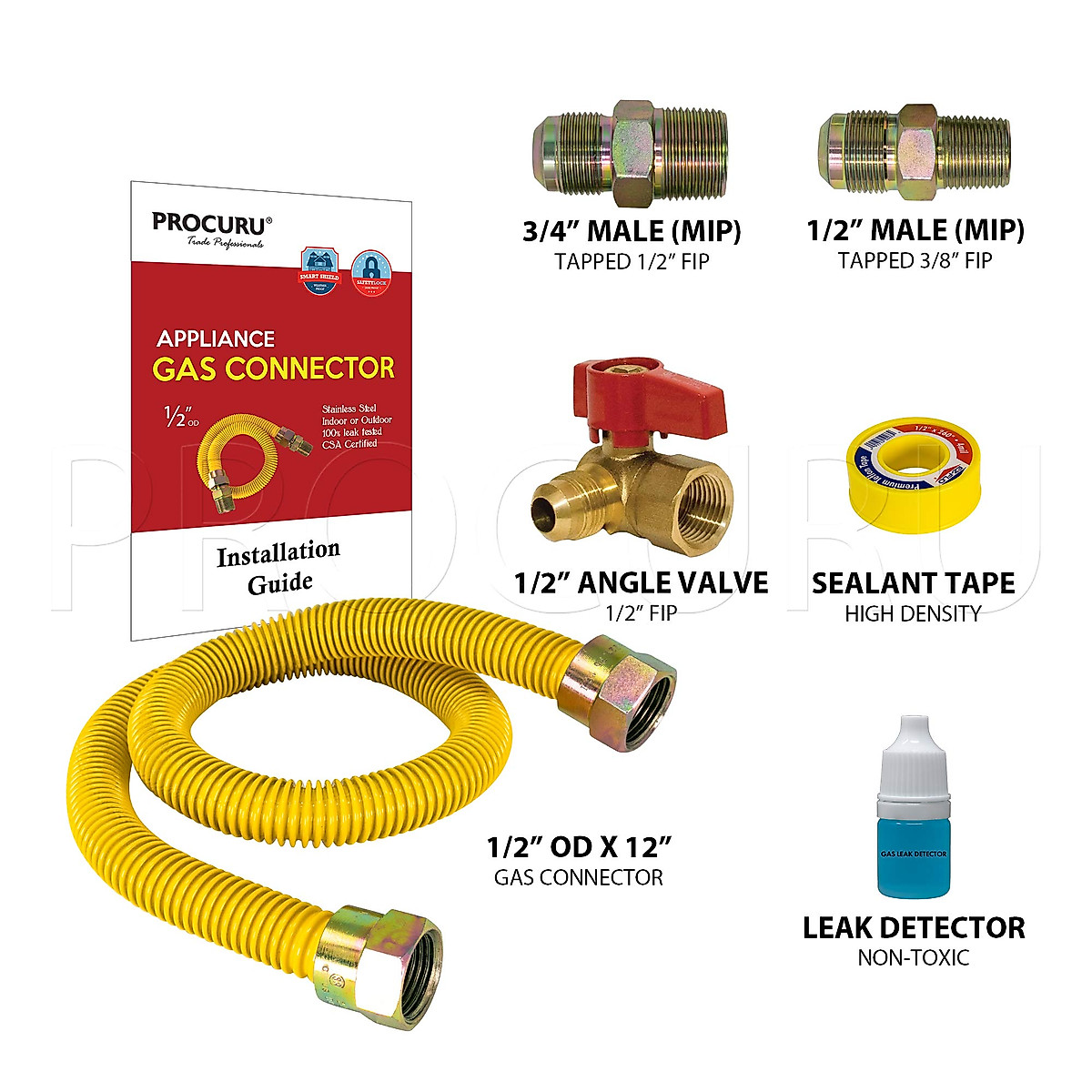 PROCURU 1/2" OD x 12" Gas Flex Connector Kit with 1/2" Angle Valve, WeatherProof Flexible Stainless Steel Tubing with SafeGuard Coating for Dryer, Water Heater