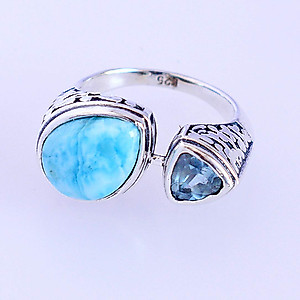 Ravishing Impressions Larimar & Blue Topaz Gemstone 925 Solid Sterling Silver Ring Beautiful Handmade Jewellery Birthday Gift