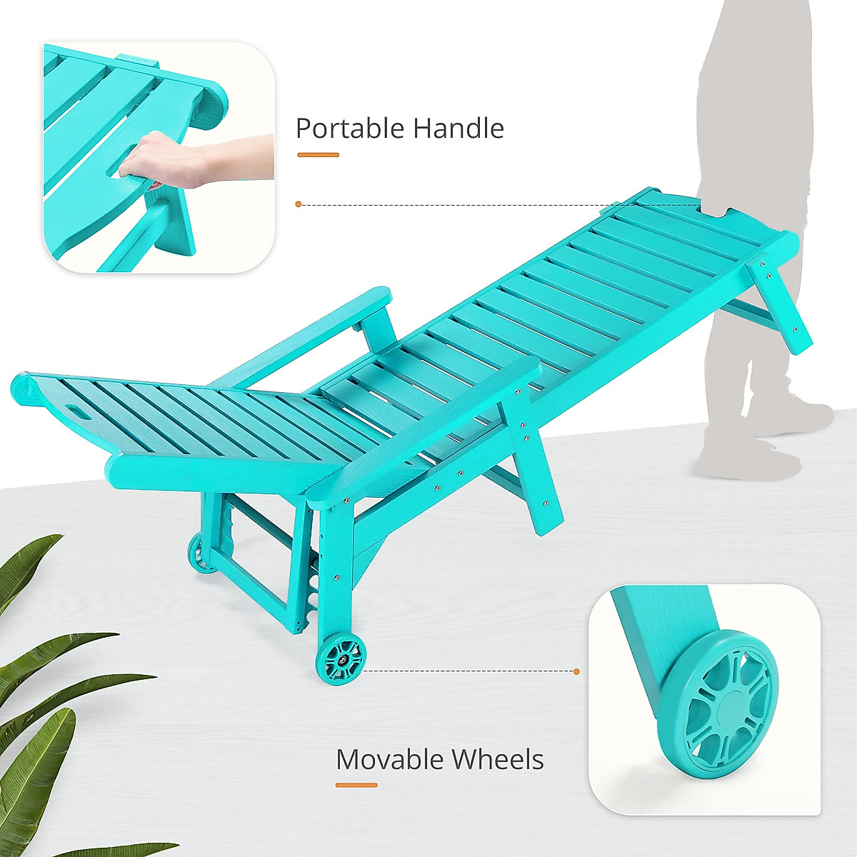 LUE BONA Chaise Lounge Chair with Table, 2-Piece, HDPS Material, 3-Year Warranty, Patio Lounge Chairs with Adjustable Backrest, Resin Pool Lounge Chairs with Wheels for Outside, Aruba Blue