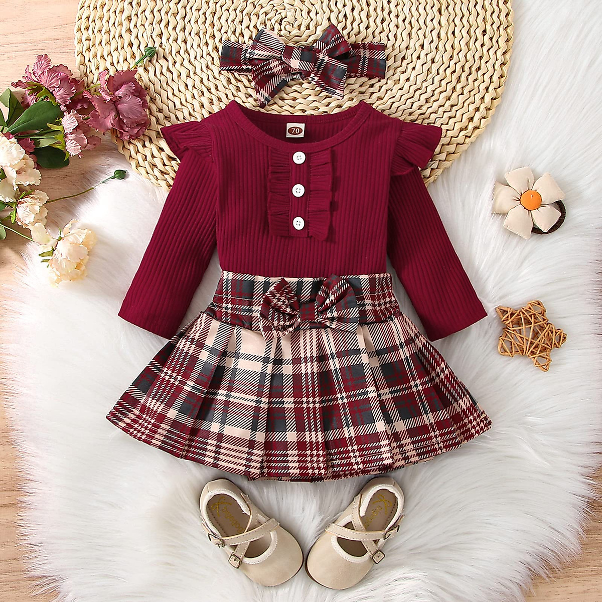 Sasaerucure Infant Toddler Baby Girl Fall Winter Outfits Long Sleeve Romper Knitted Bodysuit with Plaid Skirt 2Pcs Christmas Outfits (Wine Red, 6-9 Months)