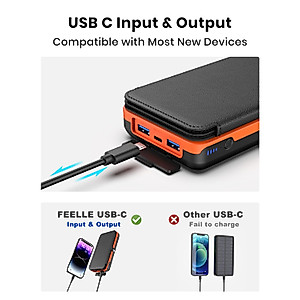 FEELLE Solar Charger 27000mAh, 22.5W Fast Charging Solar Power Bank 4 Solar Panels Portable Phone Charger PD QC 4.0 USB C External Battery Pack for iPhone Samaung iPad Outdoor