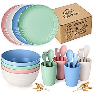 CLIFF'S KITCHEN Wheat Straw Dinnerware Sets- Eco Friendly Reusable Microwave Safe Plates and Bowls Sets For 4- Lightweight RV Camping Dishes and Cups -Unbreakable Dinnerware Set for 4