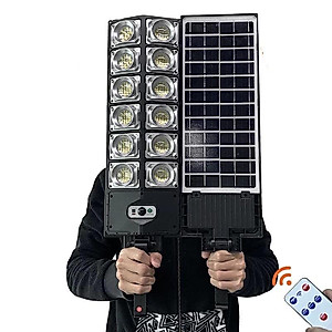 Solar Street Light Dusk to Dawn Outdoor Lighting 15000LM Flood Lights with Motion Sensor and Remote Control for Mounting Pole Bracket Garden, Court, Yard, Parking Lot, White (91350181MA359HEX1F)