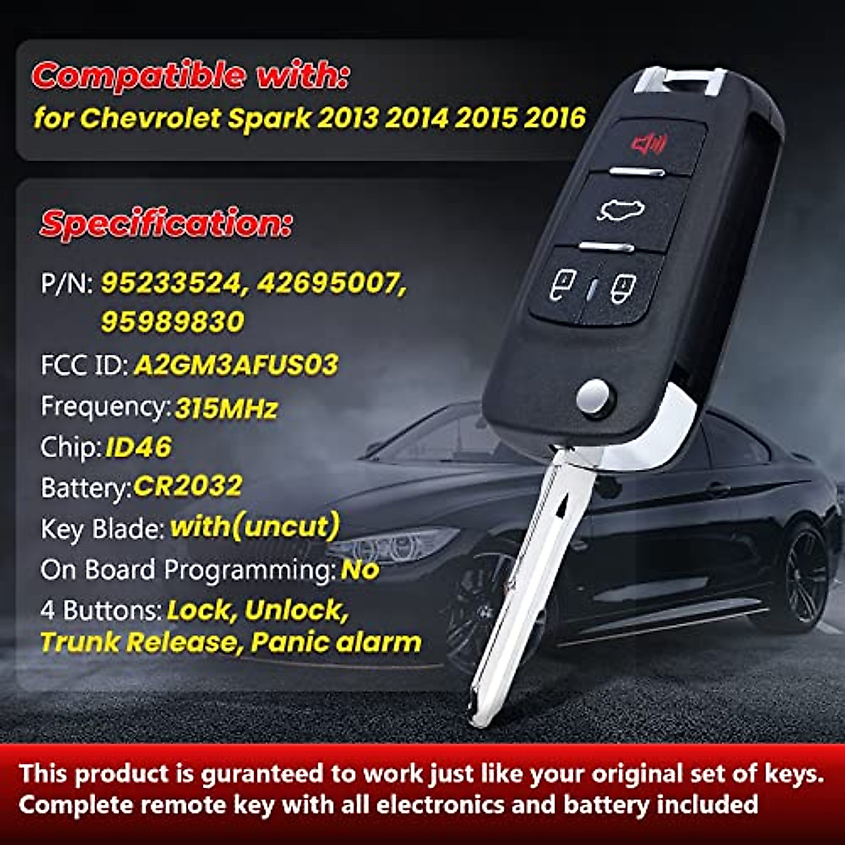 Aichiyu Modified Flip Remote Key Fob Replacement 315Mhz ID46 Chip for Chevrolet Spark 2013 2014 2015 2016 FCC ID: A2GM3AFUS03, P/N: 95233524, 42695007, 95989830