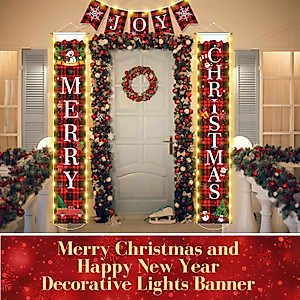 7 Pcs Merry Christmas Banner Lighted Front Porch Sign, Red Black Buffalo Plaid Porch Sign, Joy Merry Christmas Led Lights Door Banner, for Xmas Home Wall Door Yard Hanging Holiday Party Outdoor Decor