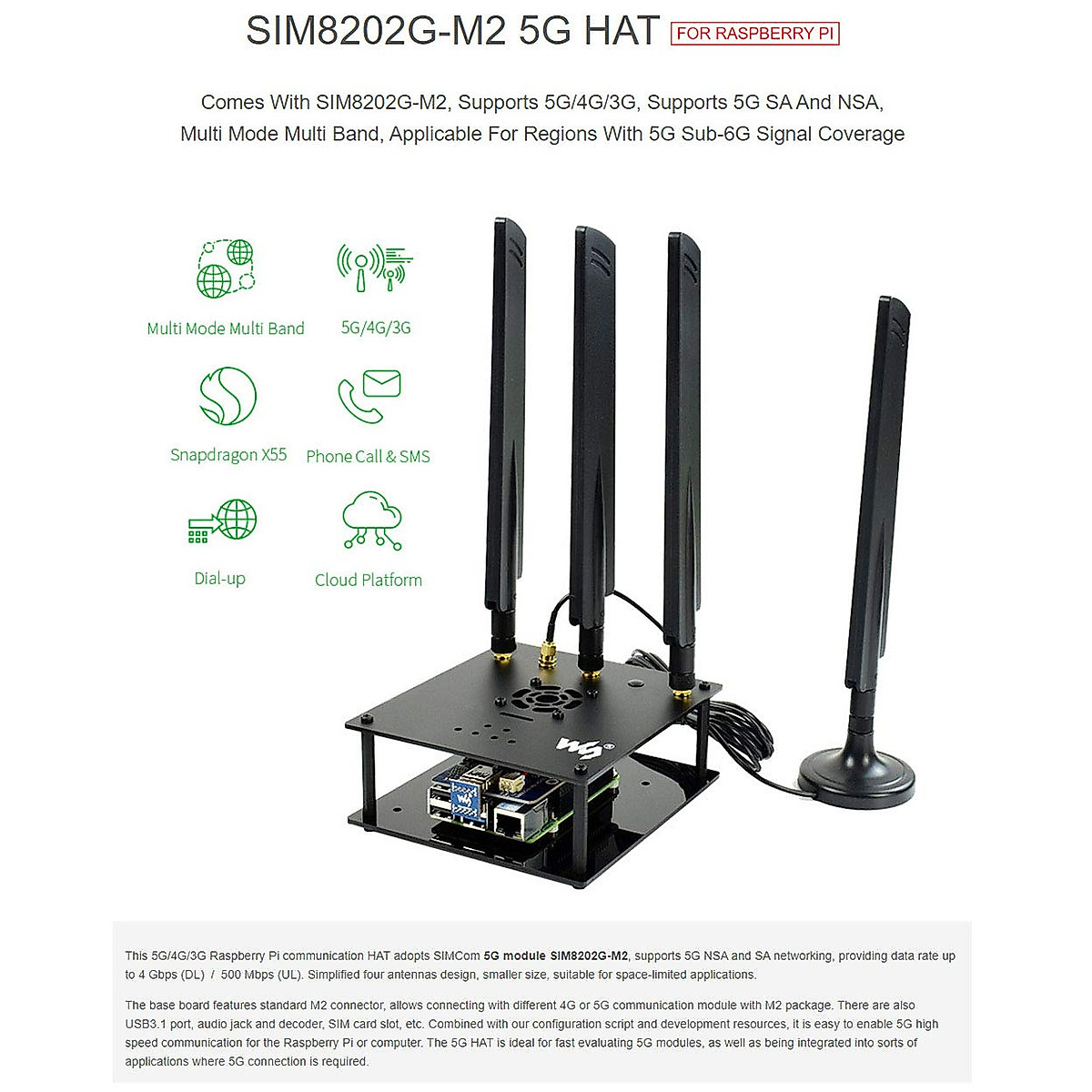 Coolwell Waveshare SIM8202G-M2 5G HAT with Antennas, Support 5G/4G/3G Snapdragon X55 Onboard, Multi Mode Multi Band, for Regions with 5G Sub-6G Signal Coverage