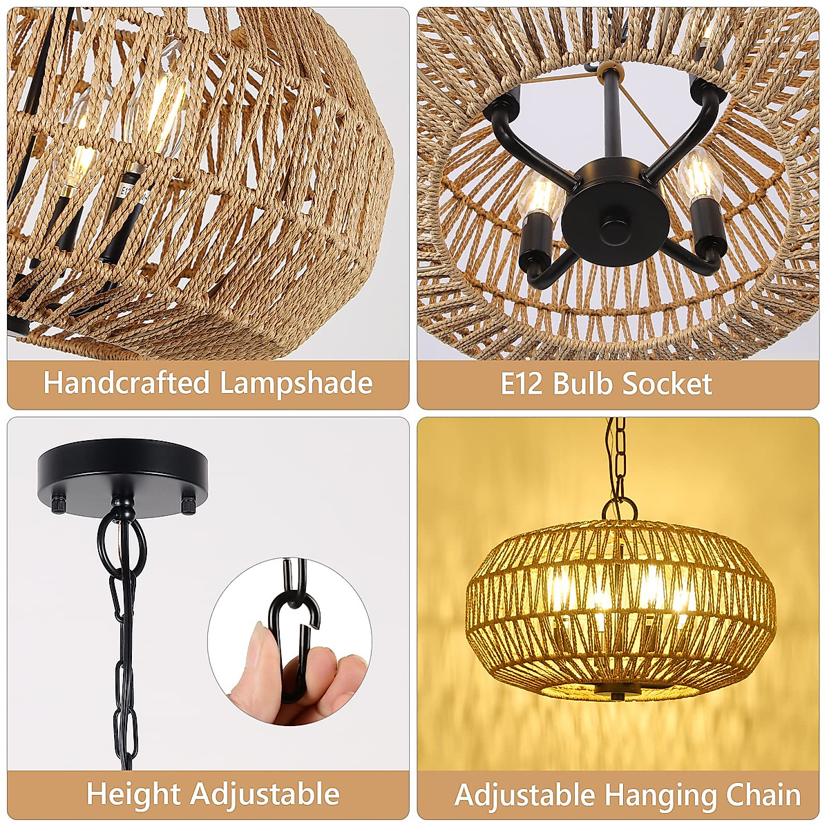 Farmhouse Rattan Pendant Lights, 15.7" 4-Light Boho Chandelier Light Fixture, Wicker Hand Woven Basket Pendant Hanging for Dining Room Living Room Kitchen Island Bedroom Foyer, Height Adjustable