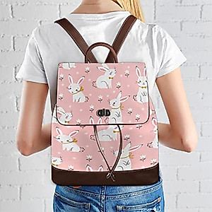 Cute Rabbit PU Leather Backpack Purse, Bunny Flower Shoulder Rucksack College School Bookbag Travel Daypack for Women Ladies