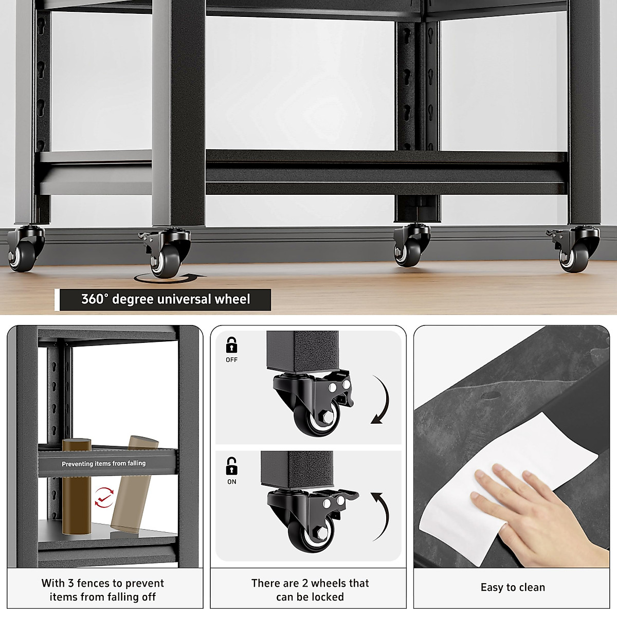 Phonando Mini Fridge Stand with Storage,Heavy Duty Mobile Mini Fridge Shelf with 4 Lockable Wheels,220lbs Mini Fridge Table for Dorm,Small Refrigerator Stand Storage Cart,Black