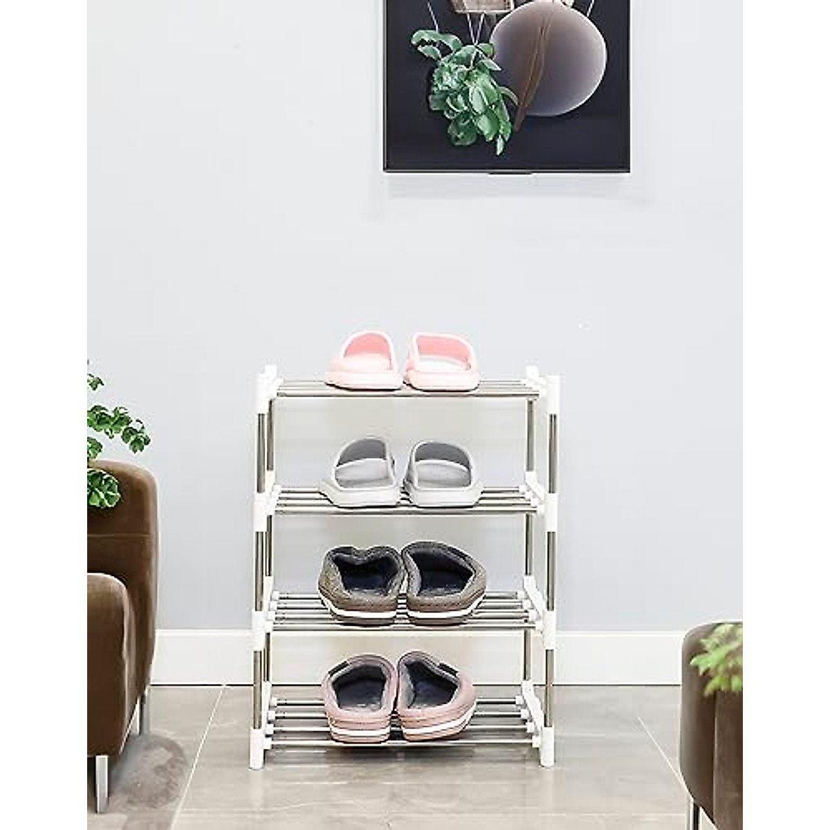 JAUZVIL Expandable Shoe Racks Metal Free Standing Shoe Shelf Shoe Storage Organizer For Entryway Closet (White, 4 Tiers)