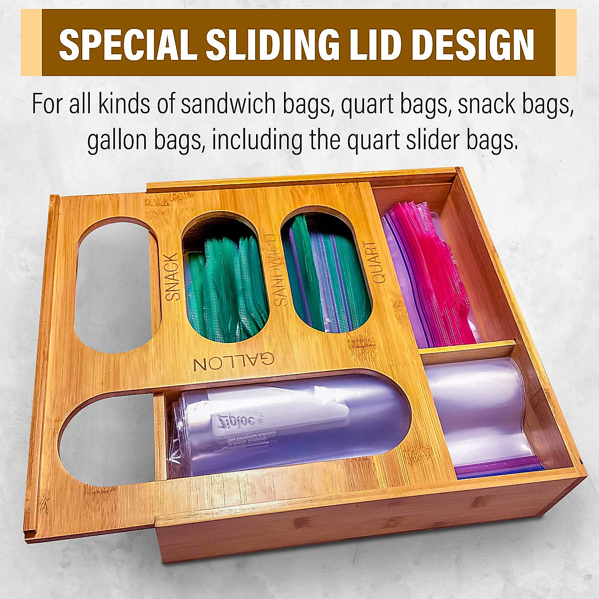 Zippy Bamboo Ziplock Bag Organizer for Drawer – 4 Labeled Compartment Bamboo Kitchen Food Storage Plastic Bag Organizer Holders, Gallon Quart Snack Sandwich and Slider Storage Bag Organizer