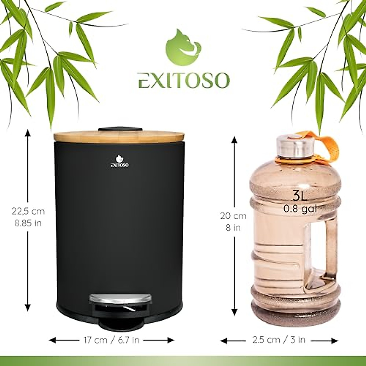 Exitoso Mini Trash Can with Lid - 3L / 0.8Gal - Small Trash Can with Lid for Bathroom - Black Bathroom Trash Can - Stainless Steel Bathroom Garbage Can with Lid - Black Trash Can Bathroom with Lid