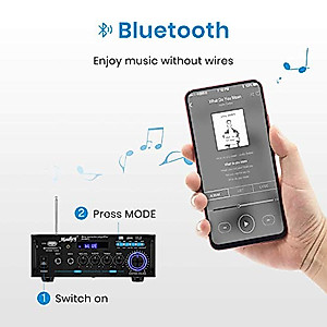 Moukey 2 Channel Amplifier for Stereo Audio Speakers Bluetooth 5.0 - Portable RMS 100W, Desktop Power Receivers with FM Radio, MP3/USB/SD Readers, 2 Mic Input, Remote MAMP3