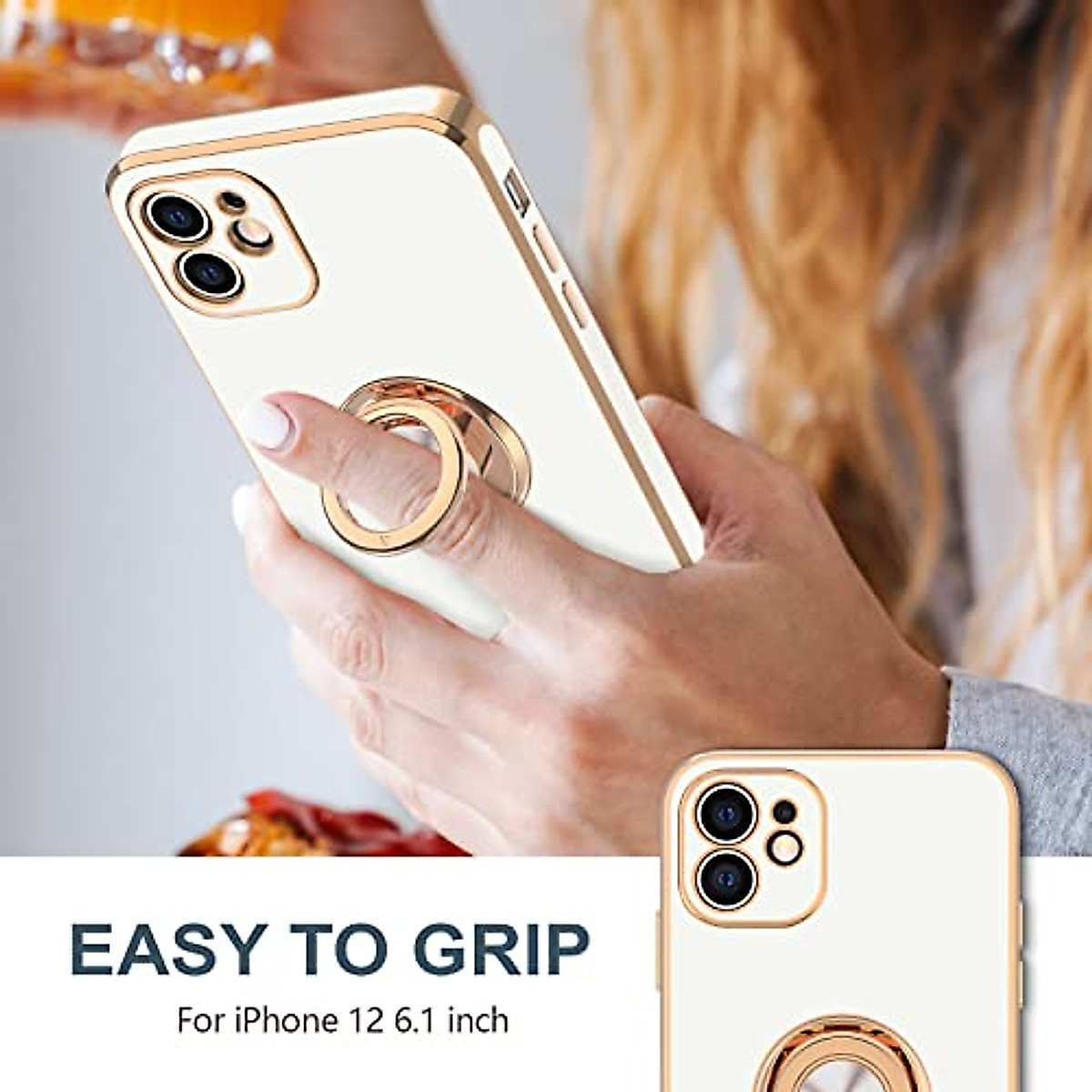 Hython Case for iPhone 12 Case with Ring Stand [360° Rotatable Ring Holder Magnetic Kickstand] [Soft Microfiber Lining] Plating Rose Gold Edge Shockproof Protective Phone Cases Cover for Women, White