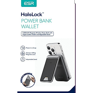 ESR 5,000mAh Wireless Power Bank Wallet with USB-C Cable (HaloLock), Compatible with MagSafe Battery Pack, Wireless Portable Charger, Magnetic Wallet for iPhone 15/14/13/12 (Except 13/12 Mini), Black
