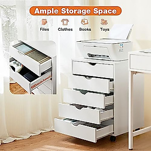Sweetcrispy 5 Drawer Chest - Storage Cabinets Dressers Wood Dresser Cabinet with Wheels Mobile Organizer Drawers for Office, Bedroom, Home, White