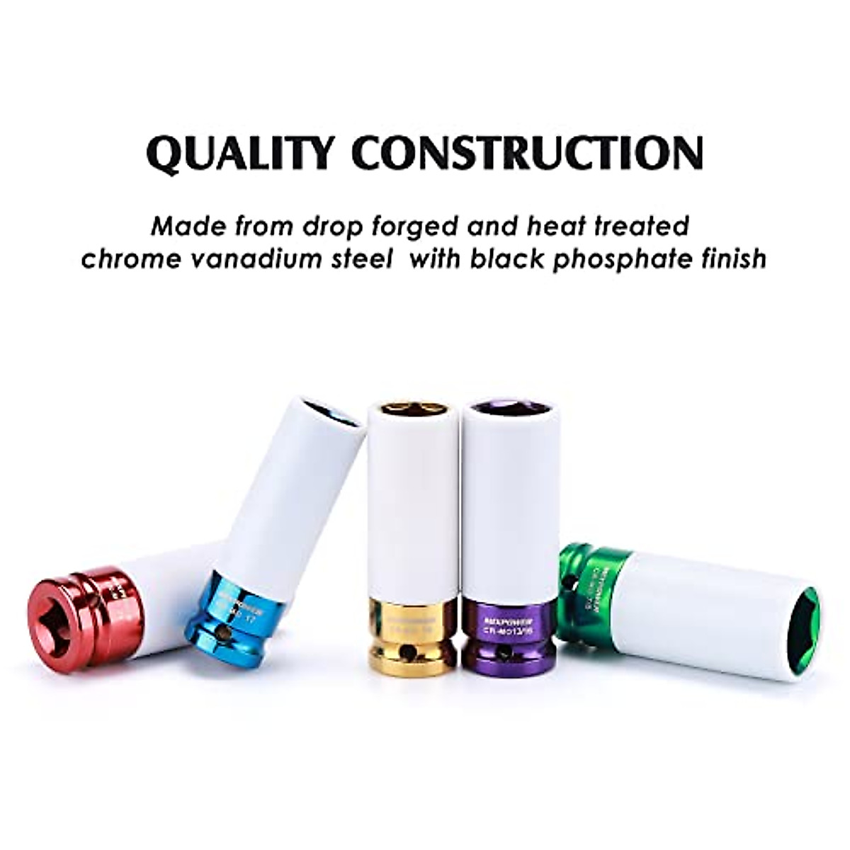 MIXPOWER 5 Pieces 1/2" Drive Wheel Protector Impact Socket Set, CR-MO, Metric/SAE, Thin Wall Deep Impact Socket Set, 6 Point, Color-Coded, 17mm, 19mm, 21mm, 13/16", 7/8"