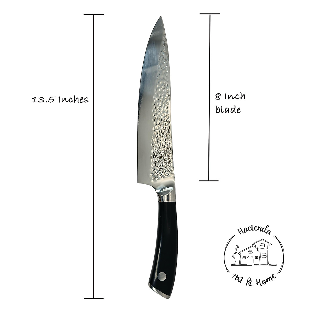 HACIENDA ART & HOME Chef Knife 8 Inch, Hammered Steel, Ultra Sharp Professional High Carbon Stainless Steel Knife for Home & Restaurant, Gift Quality Box – Perfect for Home, Chefs, and Gifts