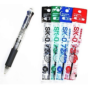 Zebra B4sa1 Clip-on Multi Multifunctional Pen (0.7mm Black, Blue, Red and Green + 0.5mm Mechanical Pencil) - Transparent Barrel & 4colors Ink Pens Refills Value set(with Our Shop Original Description of Goods)