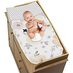 Sweet Jojo Designs Yellow and Pink Watercolor Floral Girl Baby Nursery Changing Pad Cover - Blush Peach Orange Cream Grey and White Shabby Chic Rose Flower Farmhouse Polka Dot