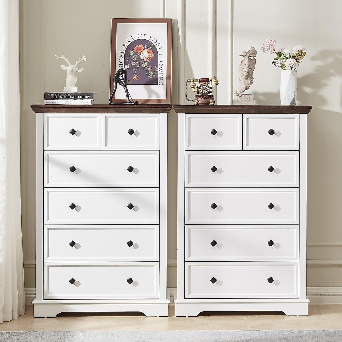LDTTCUK 6 Drawer Dresser, Farmhouse Dresser Chest of Drawer for Bedroom, 48 Inch Tall Dresser, Wood Storage Chest of Drawers Storage Cabinet for Living Room, Entryway, Hallway, White