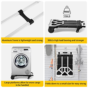 XCBYT Folding Hand Truck, 3 in 1 Foldable Hand Truck Heavy Duty 330 LB Portable Dolly Cart with 4 Wheels & 2 Elastic Ropes Convertible Hand Truck for Moving Office Home