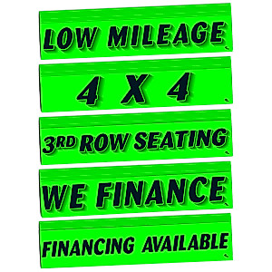 Versa Tags Windshield Slogan Stickers 12 Pack Each of Low Mileage, 4X4, 3RD Row Seating, WE Finance, FINANCING Available (60) Window Stickers Total Dealership Stickers Black On Green