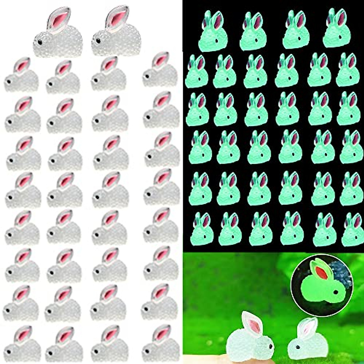 HYG 30 Pieces of Mini Resin Luminous Rabbit Mini Portrait Mini Fairy Garden Landscape Aquarium Decoration Potted Plant Decoration DIY Christmas Birthday Party Slime Amulet. (Luminous Rabbit)