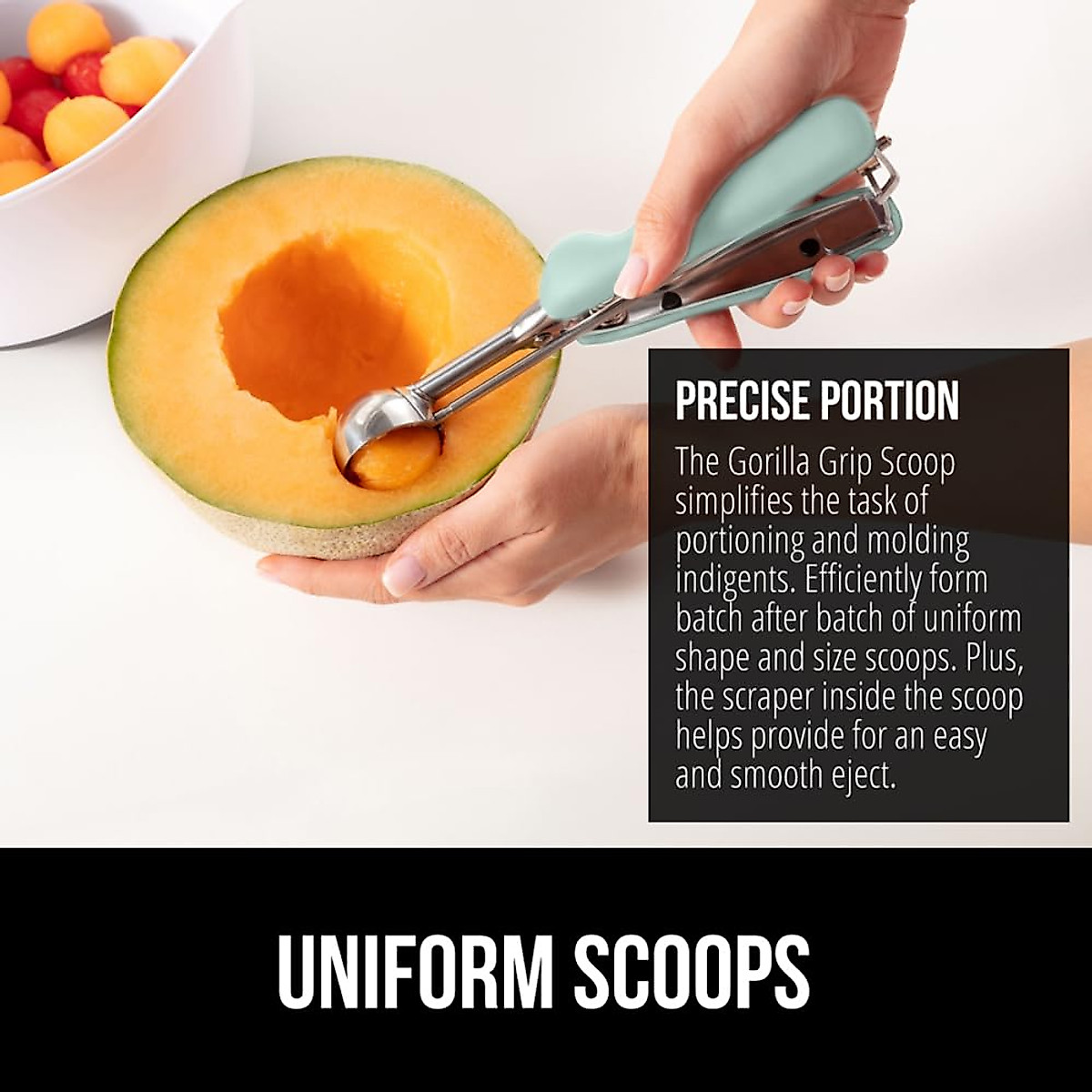 Gorilla Grip Stainless Steel Multipurpose BPA-Free Spring Scoop, 2 TBSP, Melon Ballers, Cookie Dough Scoops, Perfect Portion Sizes, Easy Squeeze and Clean Release, Scooper Size 30, Mint