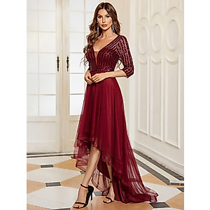 Ever-Pretty Women's High Low A-Line Sequin 3/4 Sleeve Tulle Evening Party Dress Burgundy US4