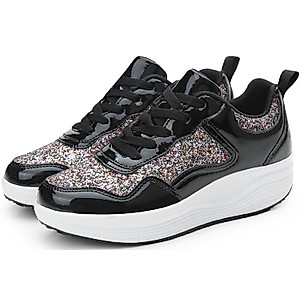 PPXID Women's Platform Sequins Fashion Sneakers Walking Shoes Lightweight Non Slip Running Shoes-Black 7.5 US Size